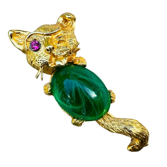 Napier | Jewelry | Vintage 96s Napier Winking Cat Green Glass W Feather ...